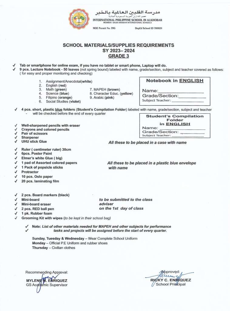 School Materials/Supplies Requirements - IPSA - International ...