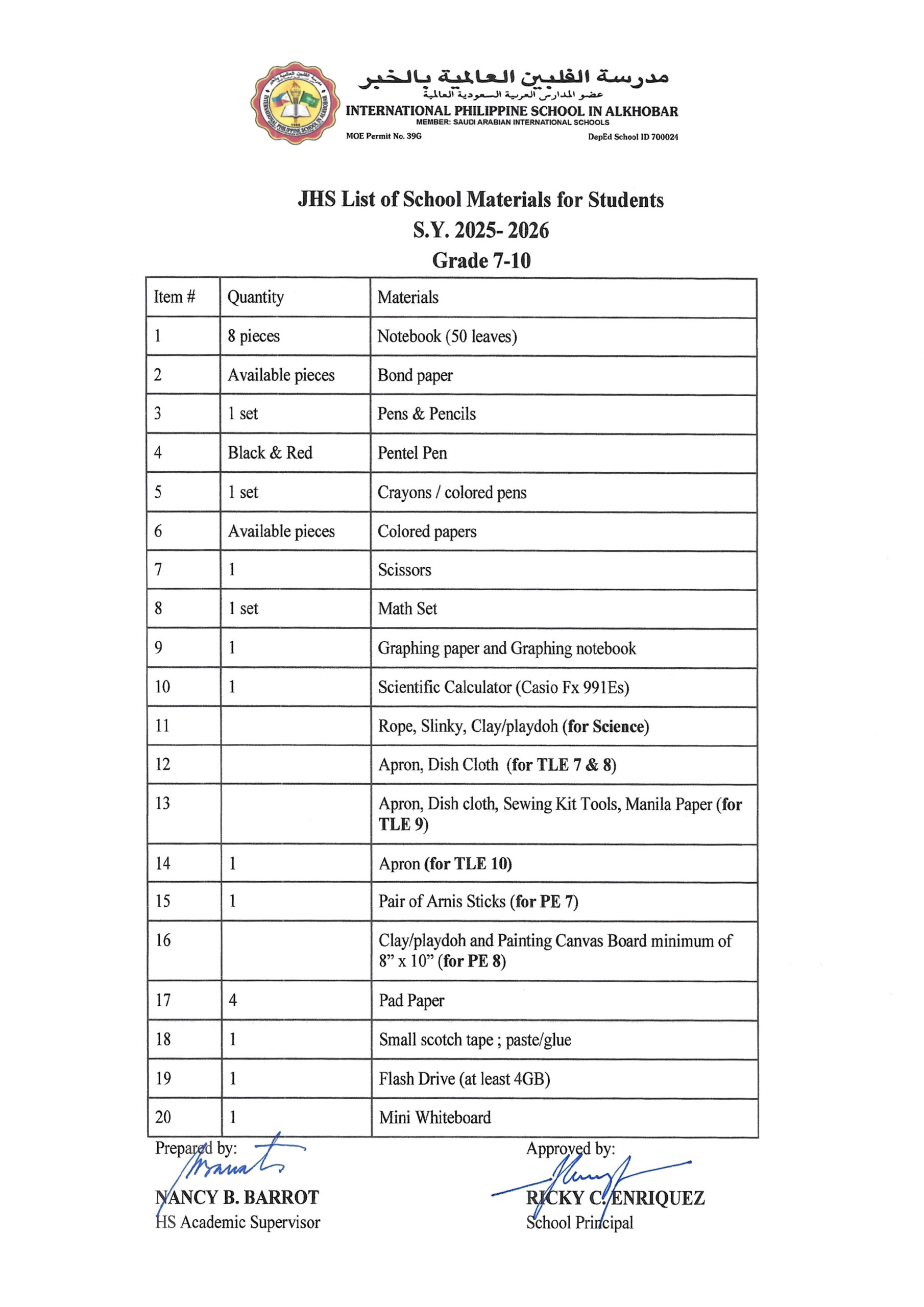 School Materials/Supplies Requirements - IPSA - International ...