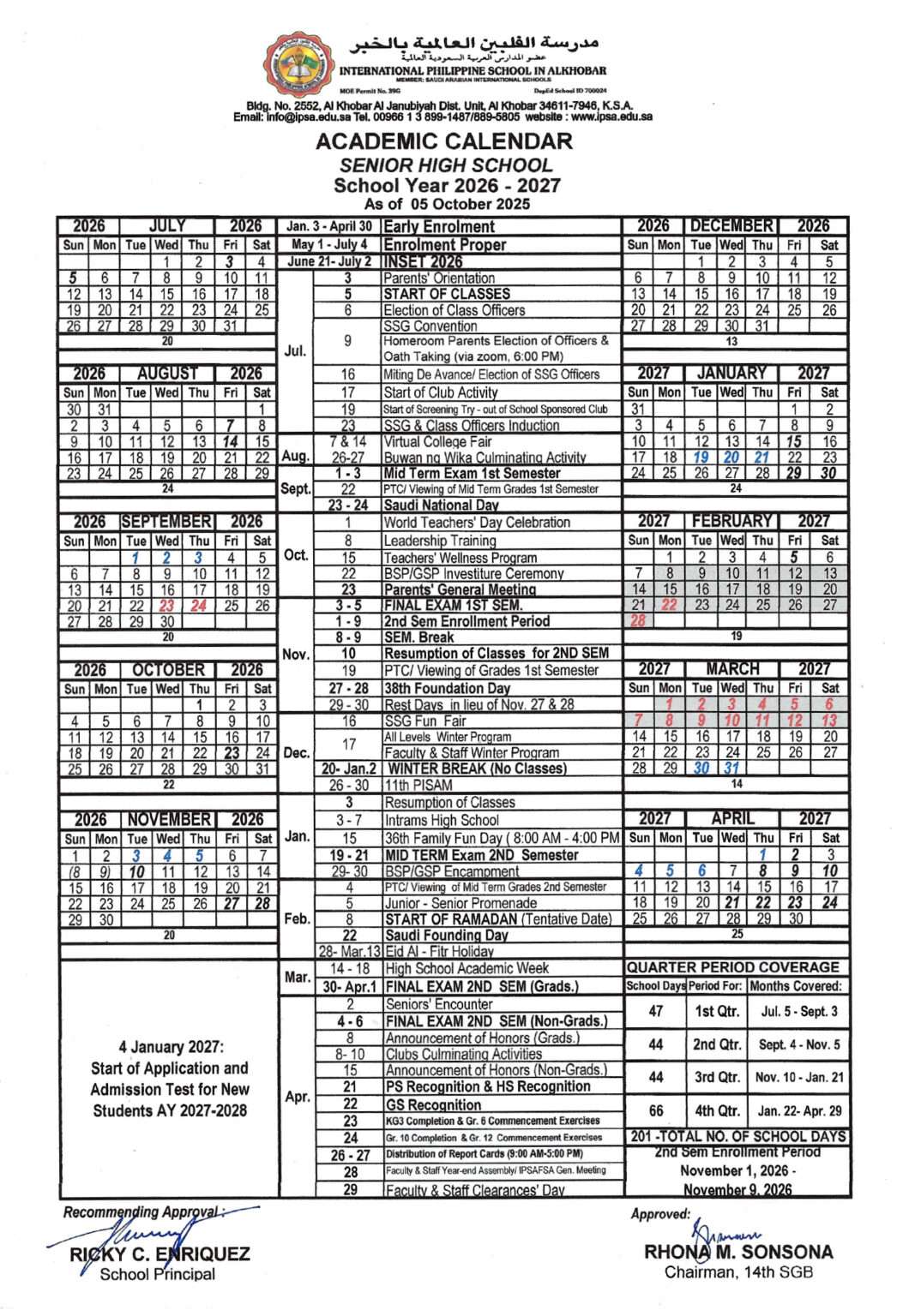 School Calendar - IPSA - International Philippine School in Al-Khobar